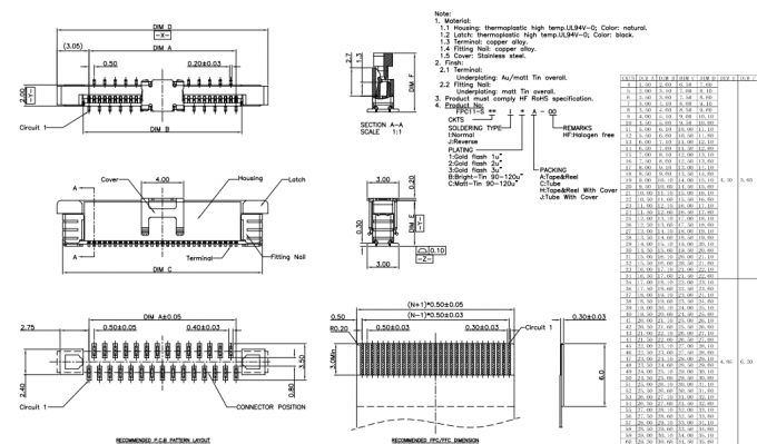 0.5mm ZIF S/A Normal Type FPC Cable Connector 4 - 60 Pin Footprint Design
